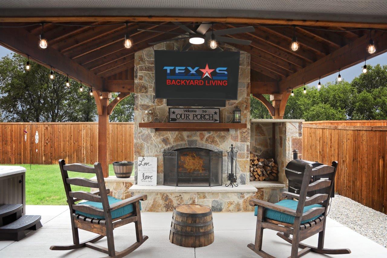 WWW.LRTRSTUDIOS.COM-Patio Cover with Gable (Medium Brown Stain) Fireplace-517A2964-LOGO | Texas ...